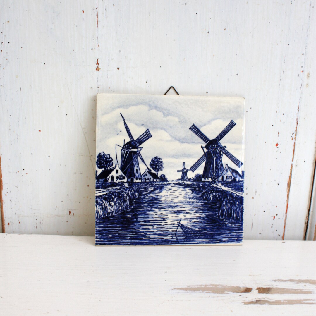 Blue and White Delft Windmill Hanging Wall Tile - Etsy