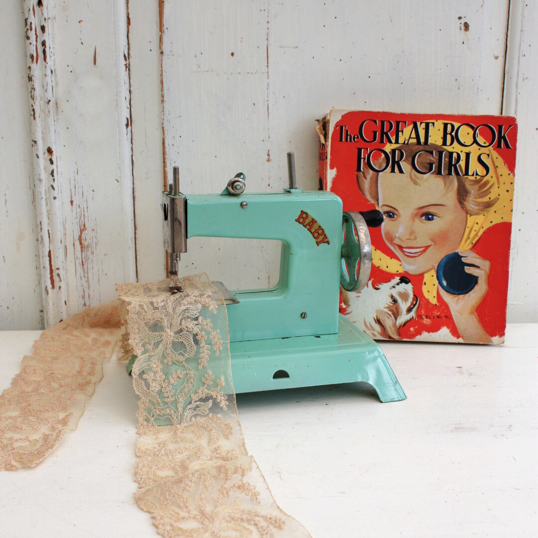 50's Tin Toy Baby Sewing Machine in Mint Green for Home Styling or ...