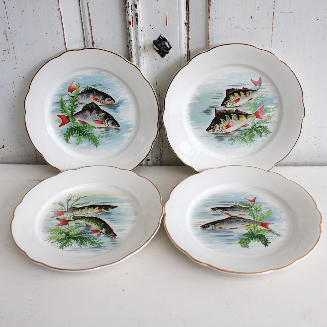 Four French Fish Plates by Sarreguemines, 1950's Decorative Plates With ...