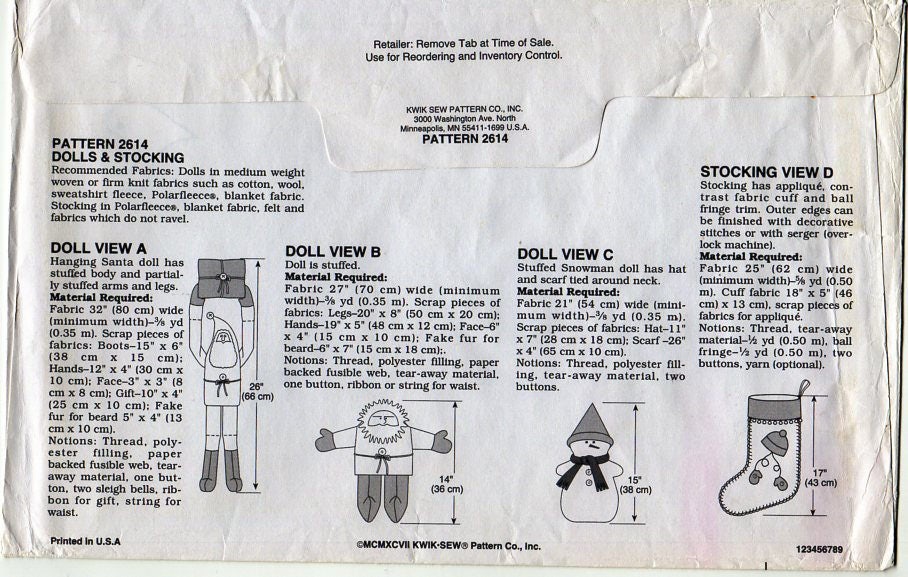 Kwik Sew 2614, Rustic, SANTA CLAUS, St. Nick, Snowman, Stocking, Soft ...