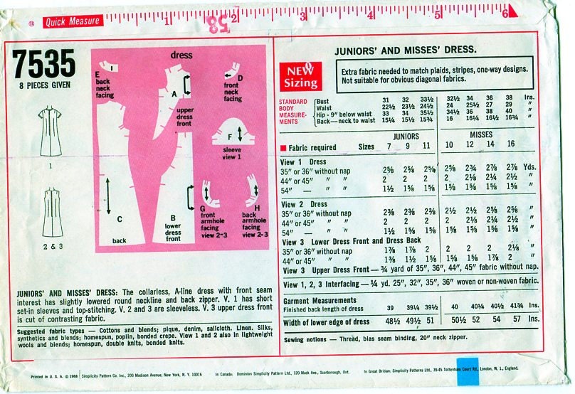 Simplicity 7535, 60's Style, Aline, Day Dress, Sewing Pattern, Color ...