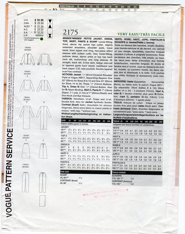 VOGUE 2175, Women Suit, Sewing Pattern, Zip Front Jacket, Long Sleeve ...