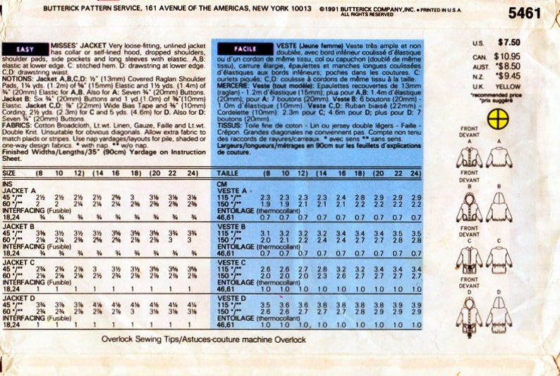 Butterick 5461, Women Sportswear, Sewing Pattern, Coat, Jacket, Button ...