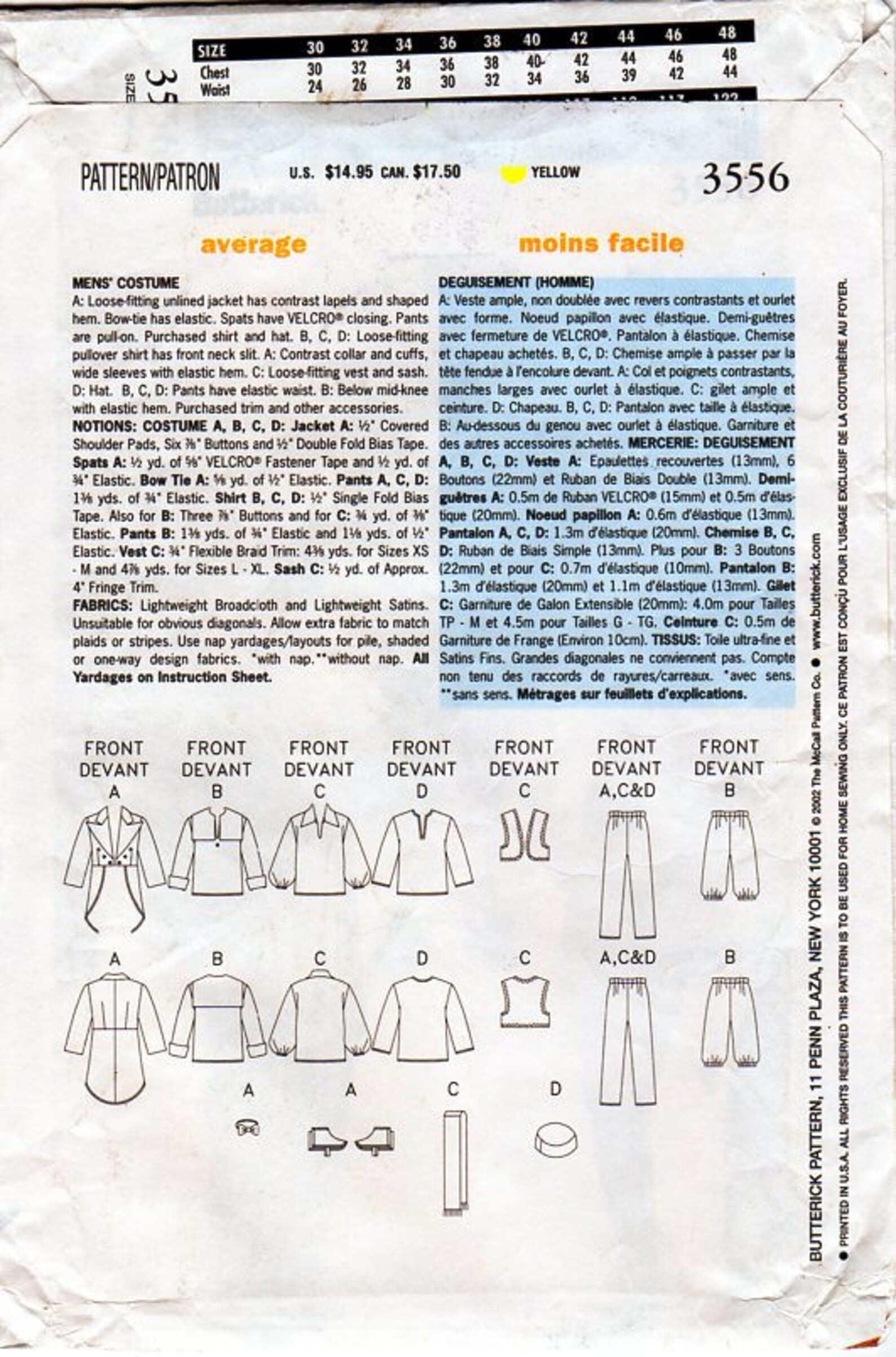 ADULT Halloween Costume Sewing Pattern Butterick 3556 - Etsy