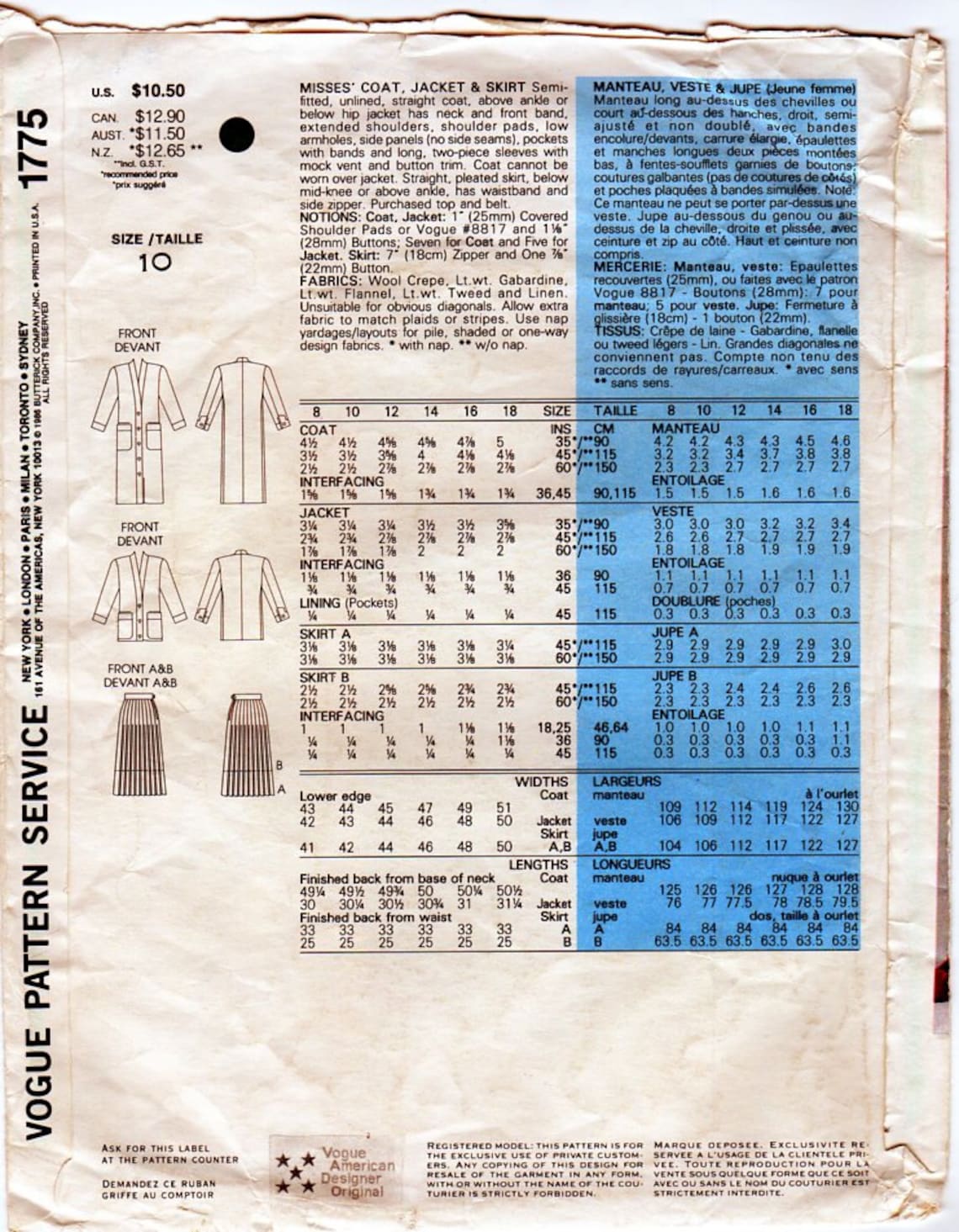 Vogue 1775 PERRY ELLIS Women Designer Suit Sewing Pattern - Etsy Canada