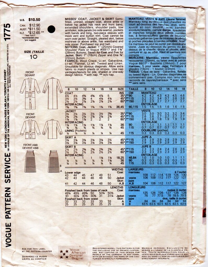 Vogue 1775 PERRY ELLIS Women Designer Suit Sewing Pattern - Etsy Canada