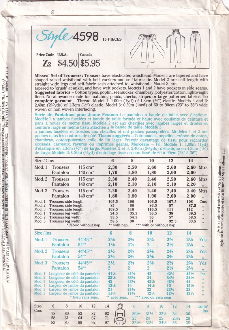 Style 4598, Women Pants Sewing Pattern, Pull on Elastic Waist, Crop ...