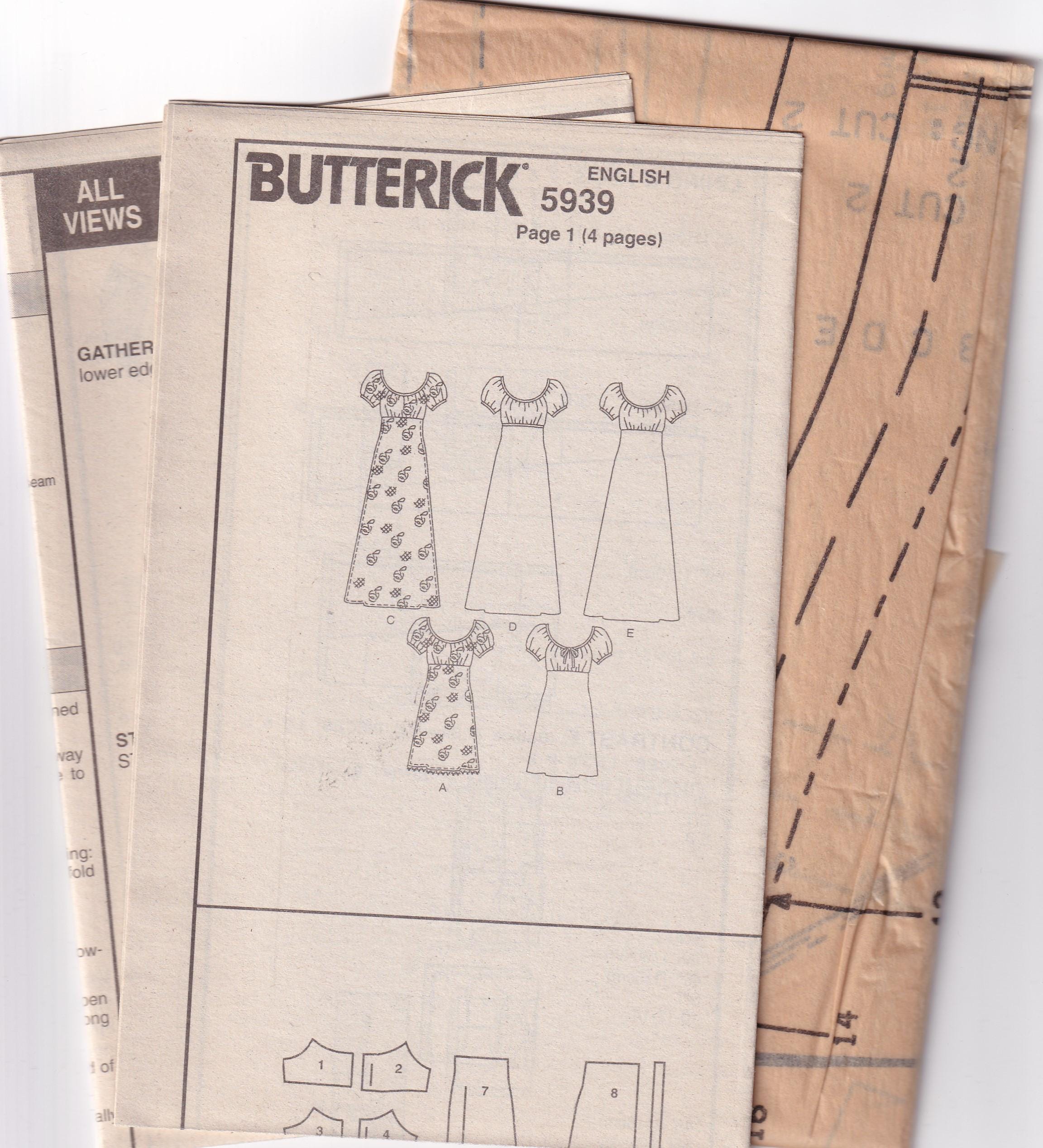 90s Peasant Style Dress Butterick 5939 Size 12-14-16-18 Sewing Pattern ...