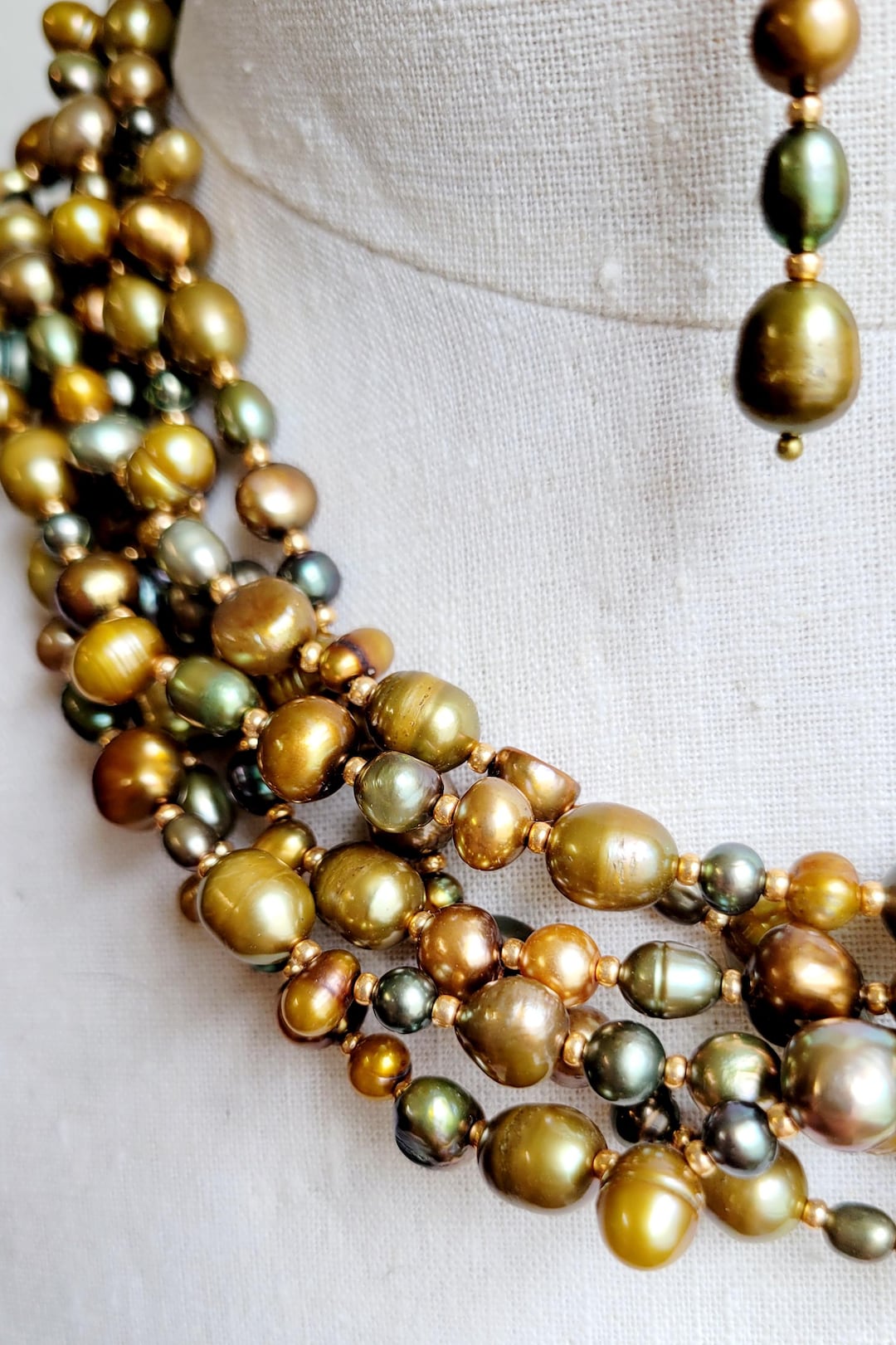 Gold and Green Baroque Freshwater Pearl Multi Strand Statement Beaded Necklace and Earring Set ...