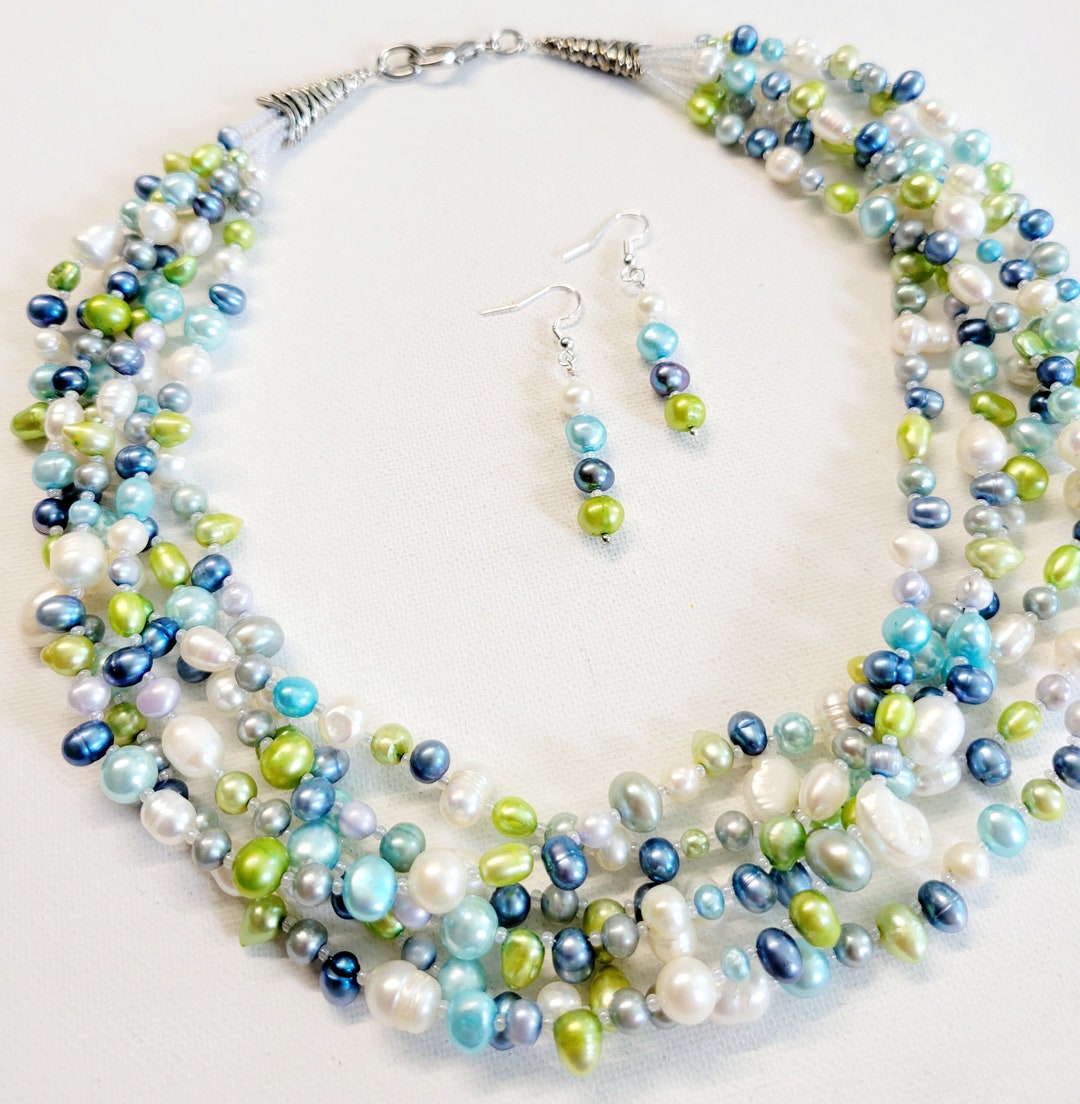 Green and Teal Baroque Freshwater Pearl Multi Strand Statement Beaded ...