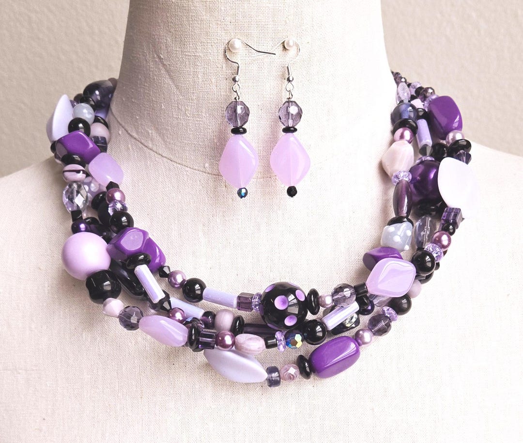 Purple Statement Necklace & Earring Set: Glass, Pearl, Crystal - Etsy