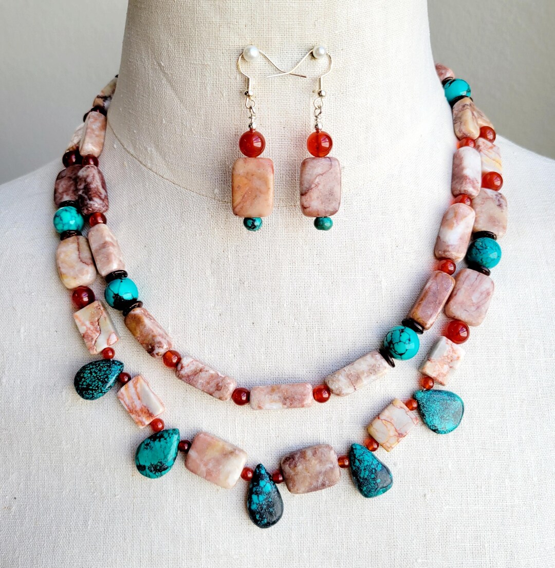 Turquoise and Redline Marble Stone Multistrand Beaded Necklace and ...