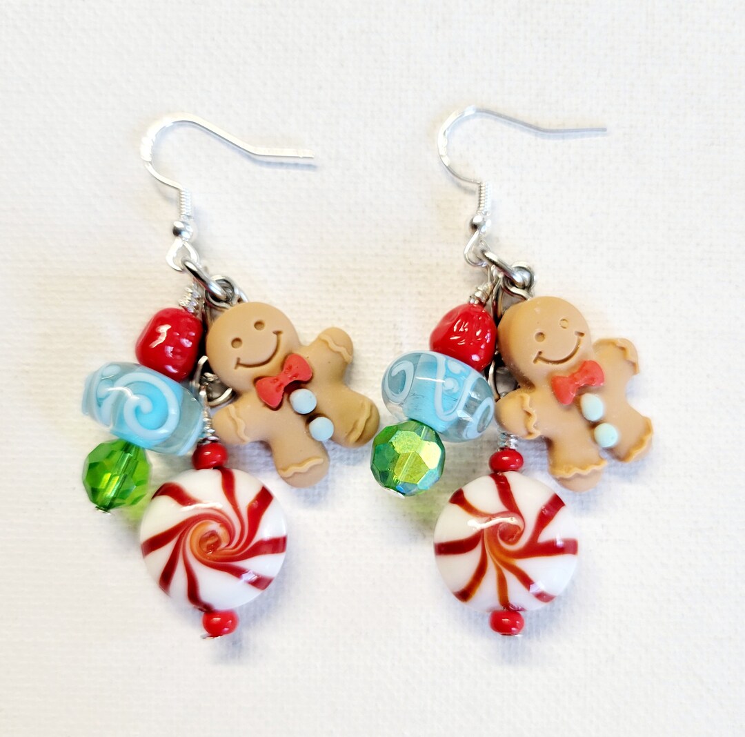 Gingerbread Man Peppermint Lamp Work Glass Earrings, Christmas Earrings ...