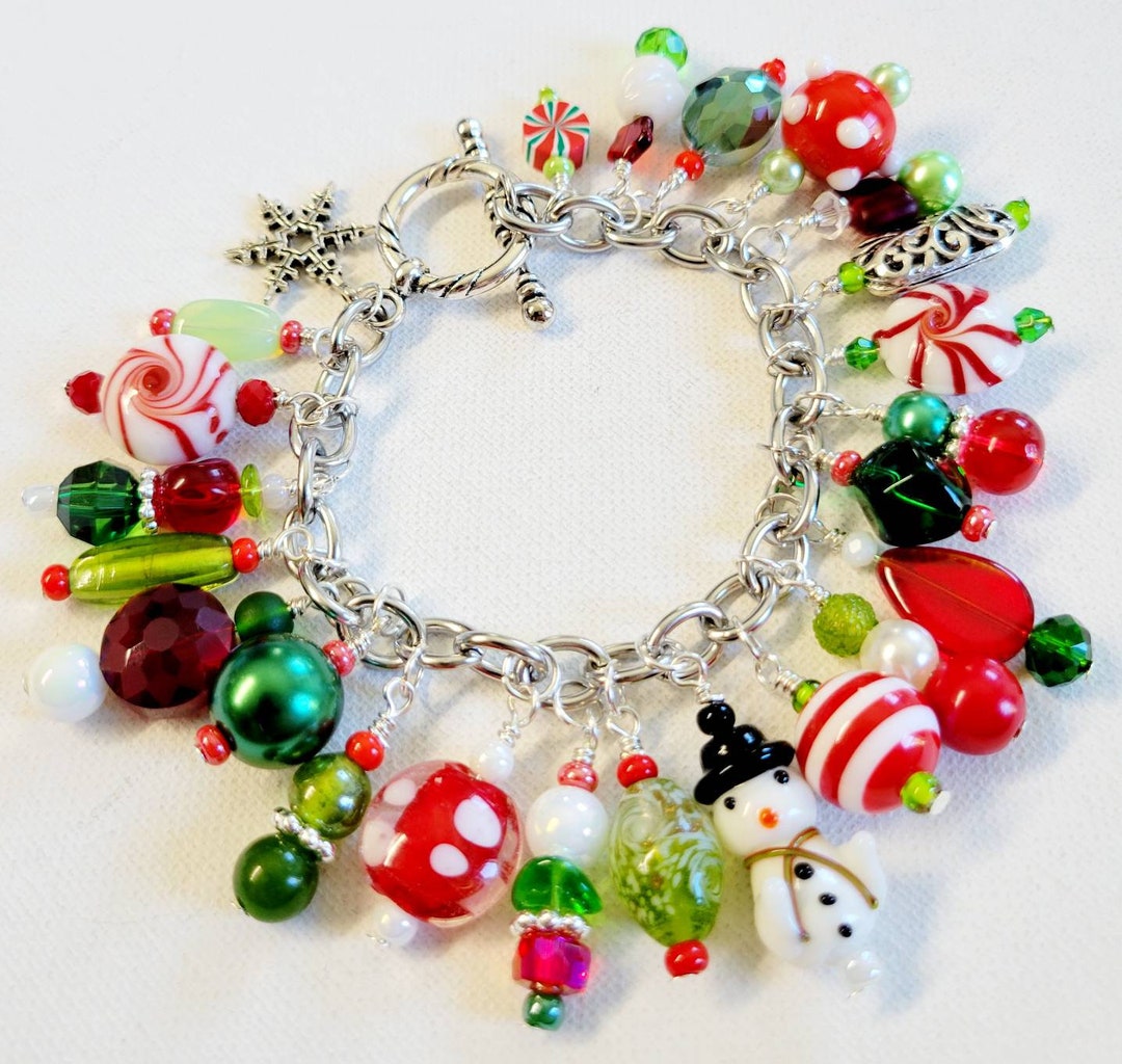 Peppermint Christmas Charm Bracelet: Snowman & Snowflake Festive Jewelry - Etsy