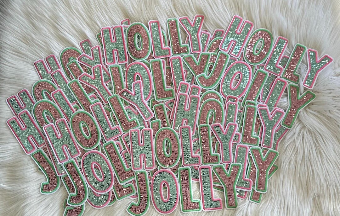 Holly Jolly Sequins Holiday Iron on Patch, Chenille Sweatshirt Patches, Trendy Pink Christmas ...