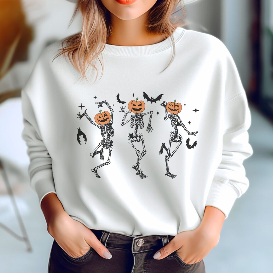 Halloween Dancing Skeleton Sweatshirt, Halloween 2023 Pumpkins Crewneck ...