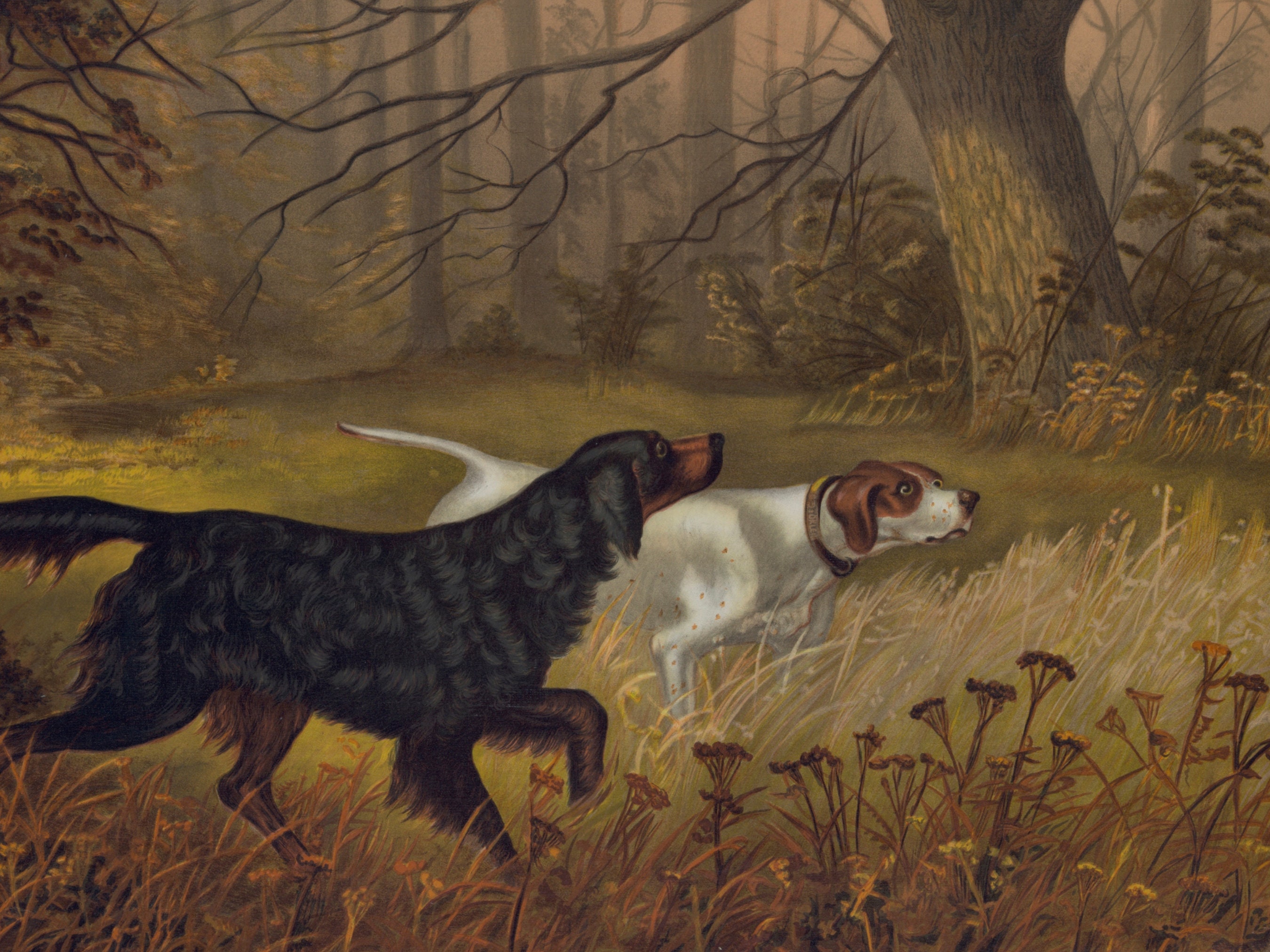 FRAMED the Hunting Dogs Framed Vintage Painting of Two Hunting Dogs in ...