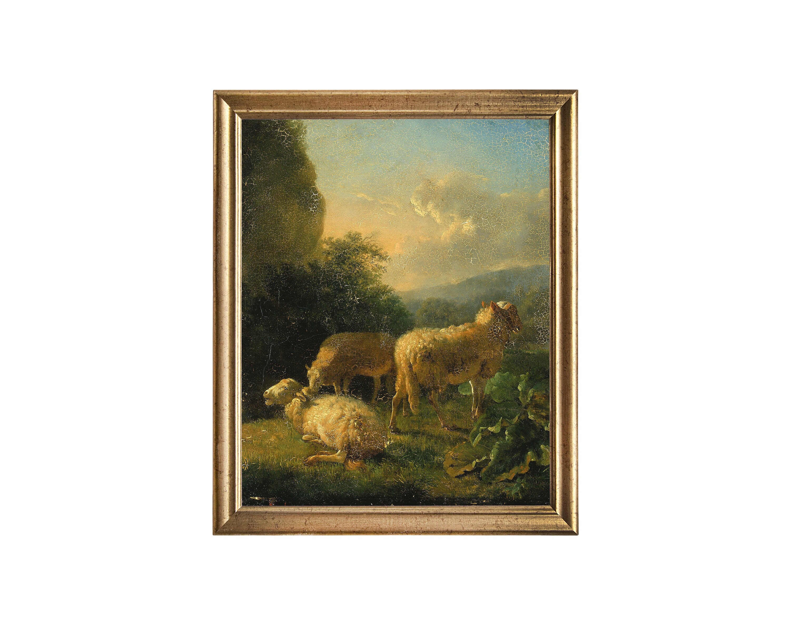 Sheep in the Field Vintage Oil Painting Print of Three Sheep Resting in ...