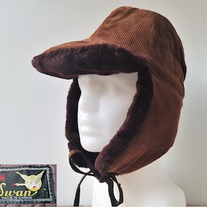 Vintage 80s SWAN Chinese Lei Feng / Ushanka Thick Warm Trapper Hat Winter Brown Corduroy Fur Ear ...