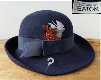 Vintage 80's EATON'S of Canada Black Felt Bowler Feather Hat Size 7 ...