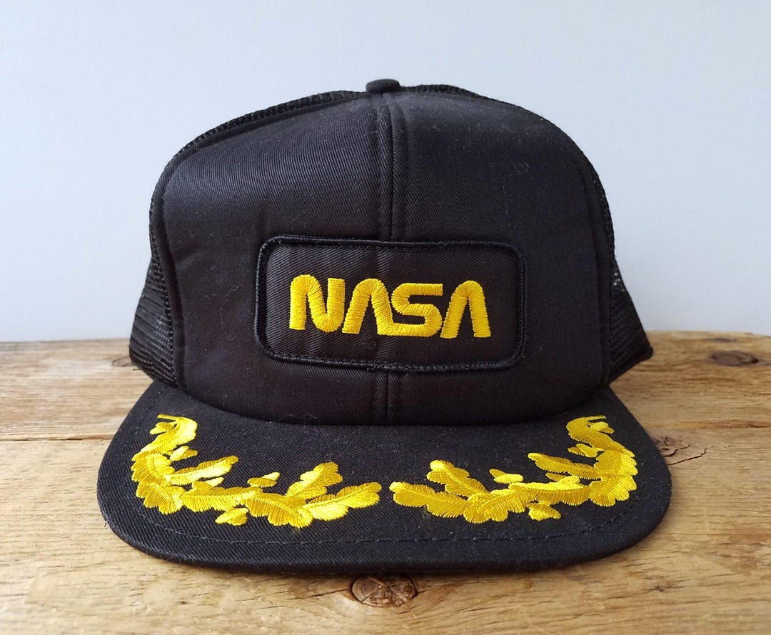 Vintage NASA Space Trucker Hat - Sewn Patch Black Mesh Snapback Golden ...