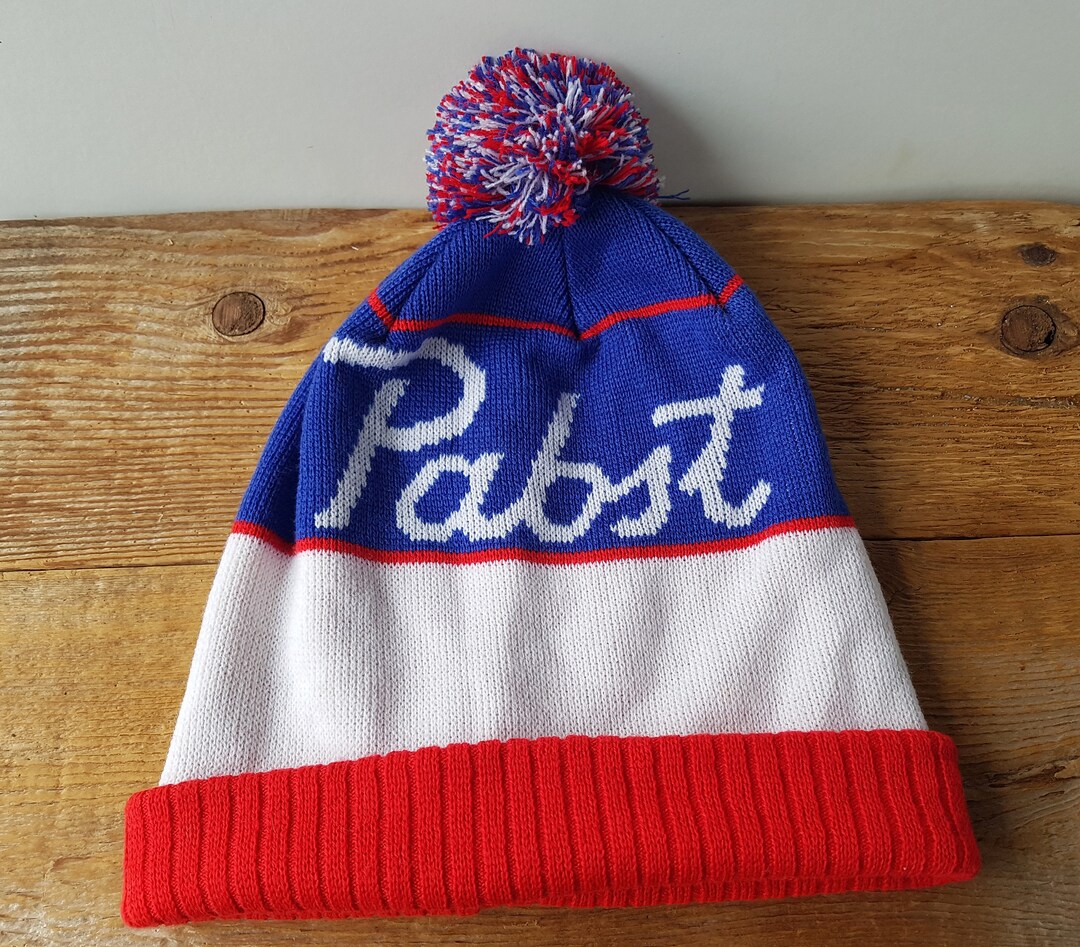 Vintage PABST Blue Ribbon Beer Beanie Knit Toque Pom Winter Ski Hat ...