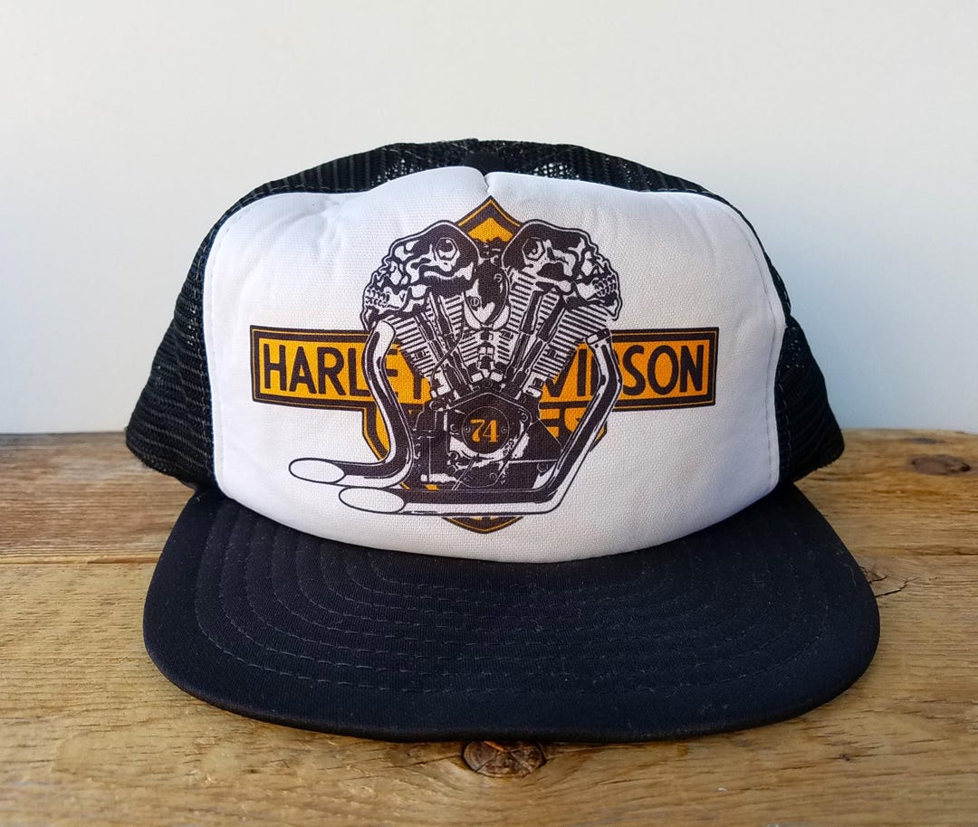 Vintage 80s HARLEY DAVIDSON 74 Engine Trucker Hat - Distressed Bill ...