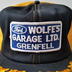 Vintage 80s FORD WOLFE'S GARAGE Ltd. Grenfell Trucker Hat Golden Mesh ...