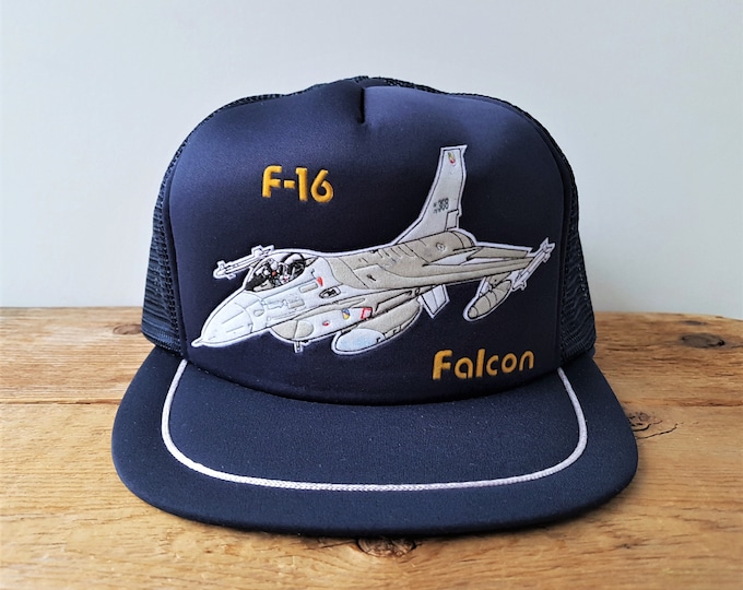 Vintage 80s F-16 Fighting Falcon Trucker Hat Navy Mesh Snapback USAF ...