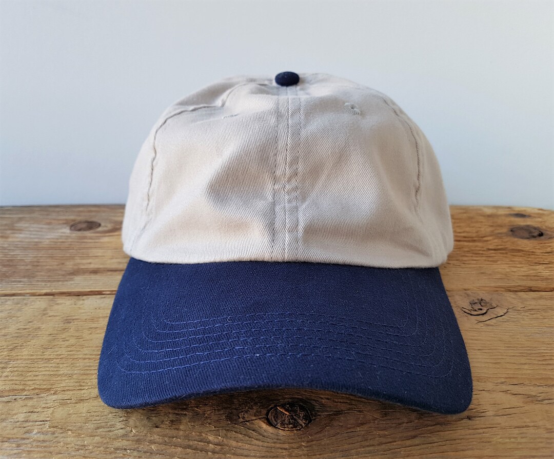 Vintage Khaki Beige & Navy Cotton Strapback Dad Hat Blank Unstructured ...
