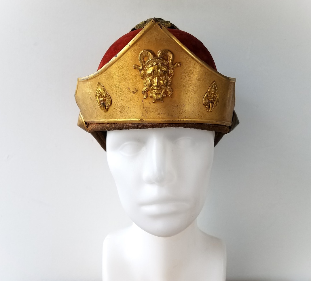 Antique ODD FELLOWS Ceremonial Helmet Red Velvet Metal Visor Jester ...
