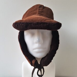 Vintage 80s SWAN Chinese Lei Feng / Ushanka Thick Warm Trapper Hat Winter Brown Corduroy Fur Ear ...