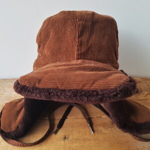 Vintage 80s SWAN Chinese Lei Feng / Ushanka Thick Warm Trapper Hat Winter Brown Corduroy Fur Ear ...