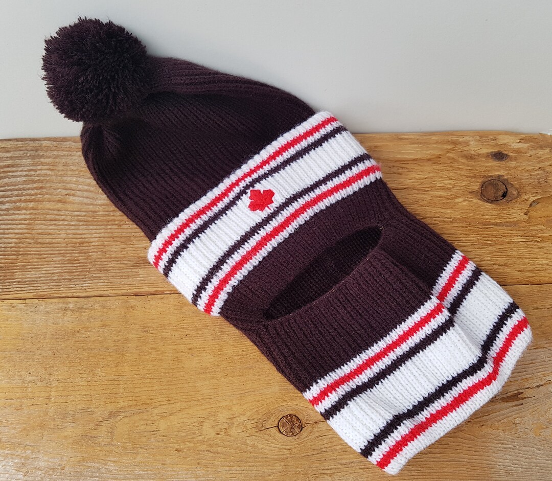 Vintage 80s Knit Ski Mask Balaclava: Brown Retro Stripes Maple Leaf Pom ...