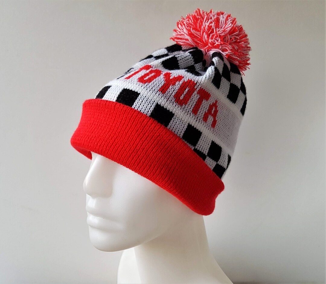 Vintage TEAM TOYOTA Beanie Rare Knit Pom Winter Ski Hat - Checkered ...