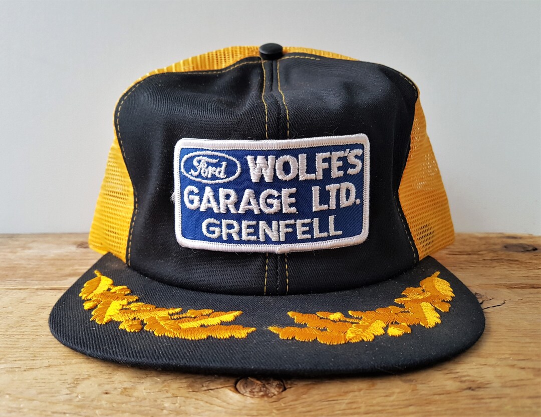 Vintage 80s FORD WOLFE'S GARAGE Ltd. Grenfell Trucker Hat Golden Mesh ...