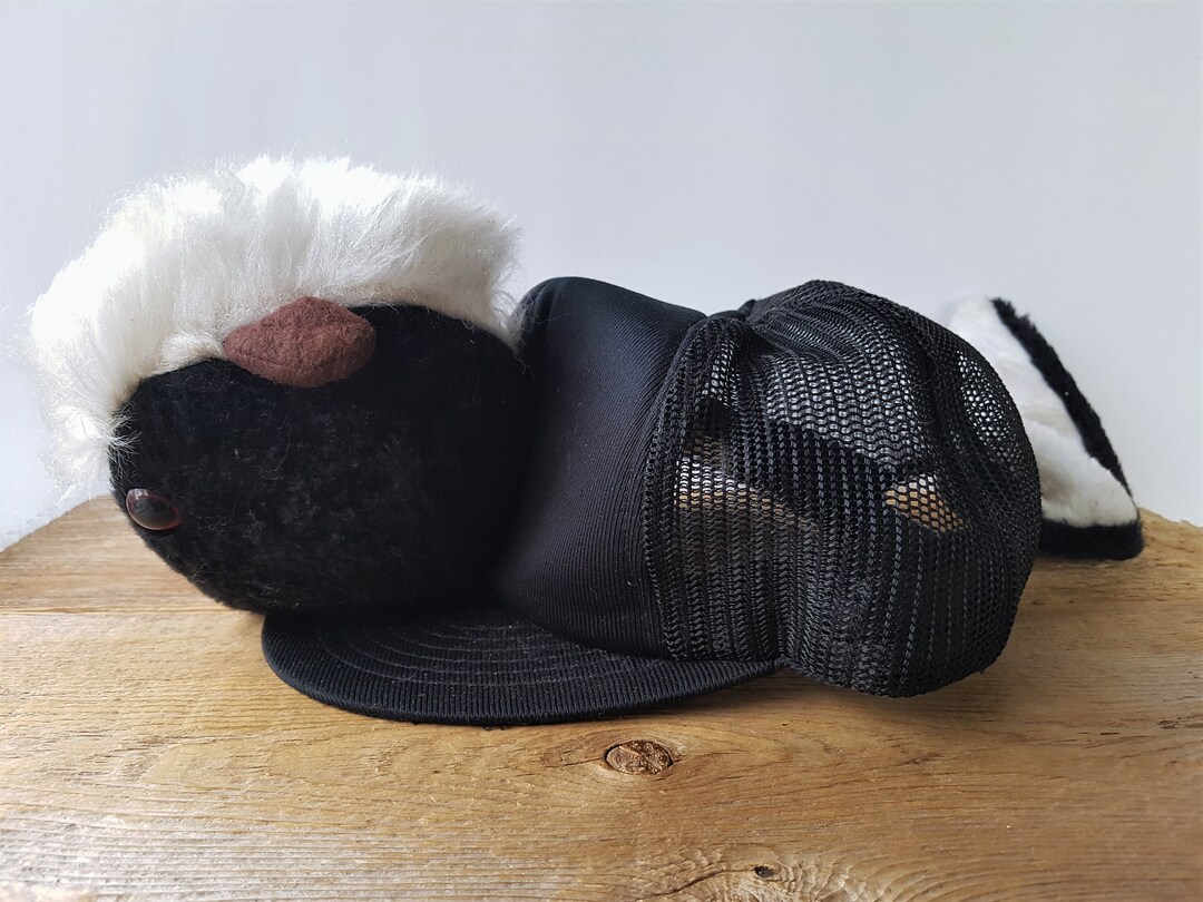 Vintage 80s SKUNK Plush Trucker Hat Black Mesh Snapback & White Stripe ...