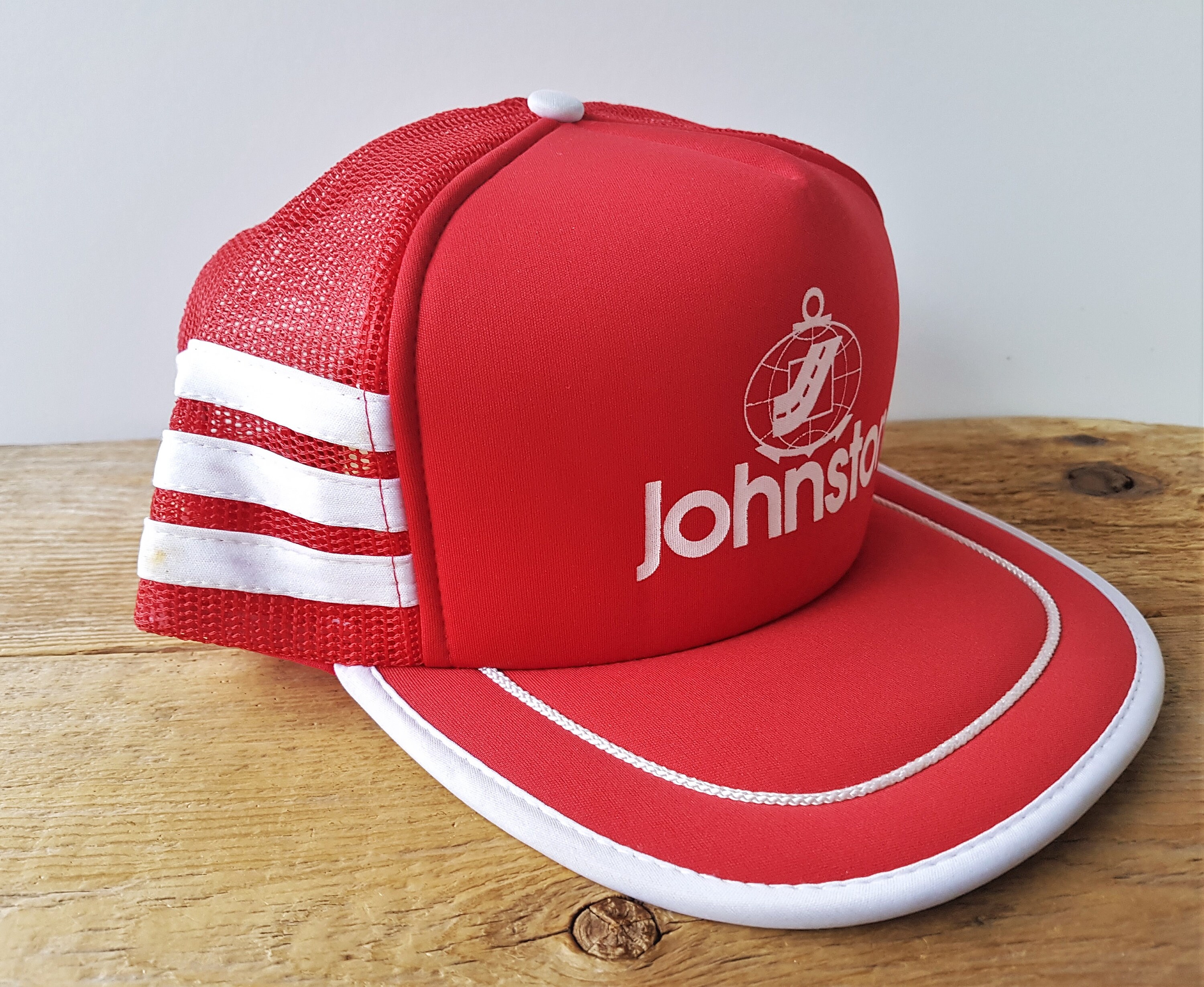 Vintage 90s JOHNSTON Three Stripe Trucker Hat Red Mesh Snapback ...