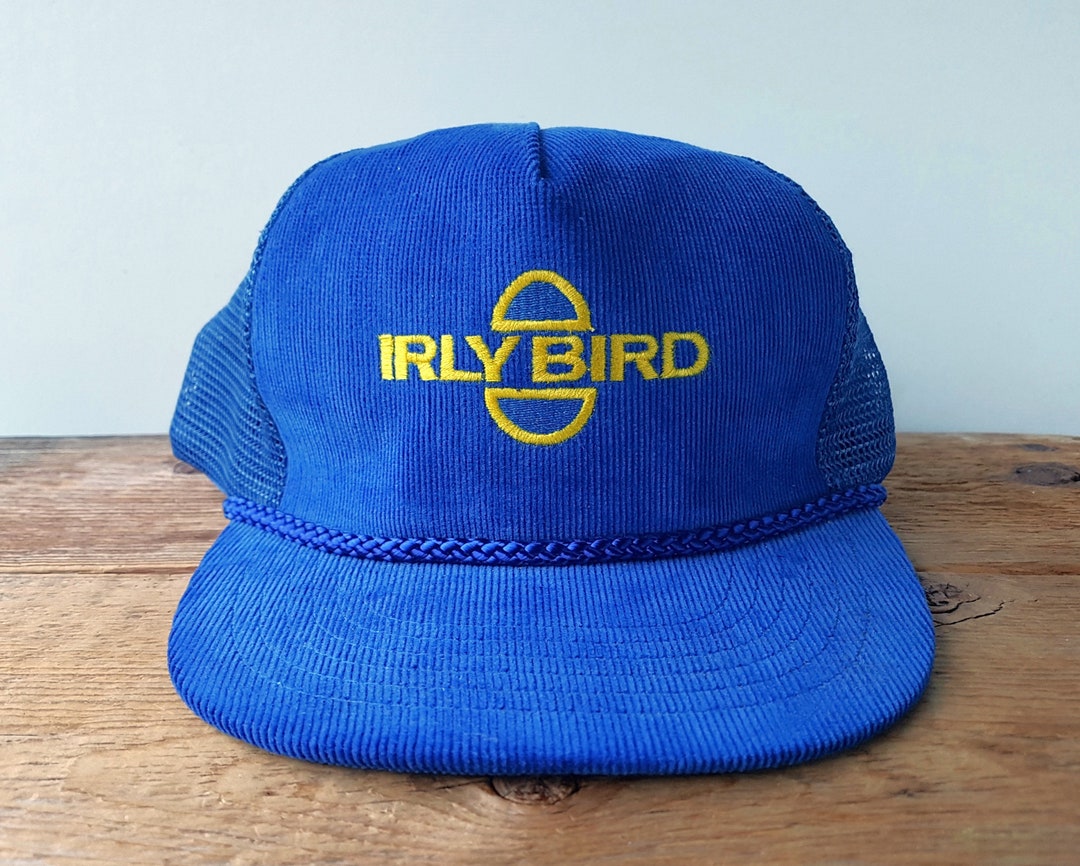 Vintage 80s IRLY BIRD Building Supplies Trucker Hat Blue Corduroy Mesh ...