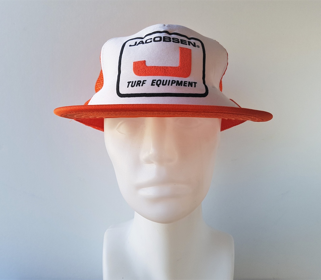 Vintage 80s JACOBSEN Turf Equipment Trucker Hat Made in USA Orange Mesh ...
