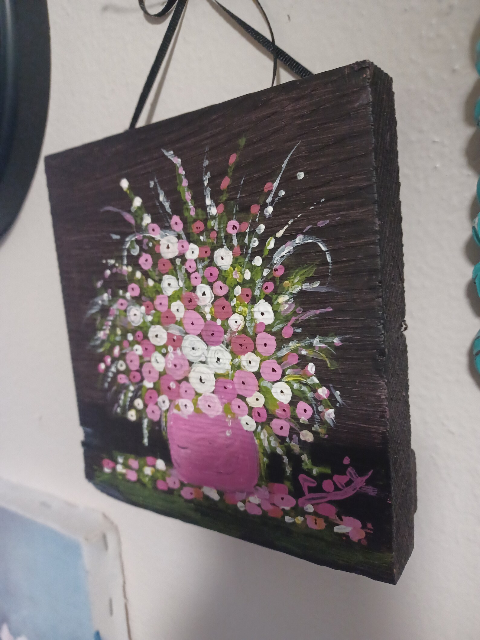 Original Hand Painted Acrylic Floral Shelf Sitter Wall Decor Black and ...