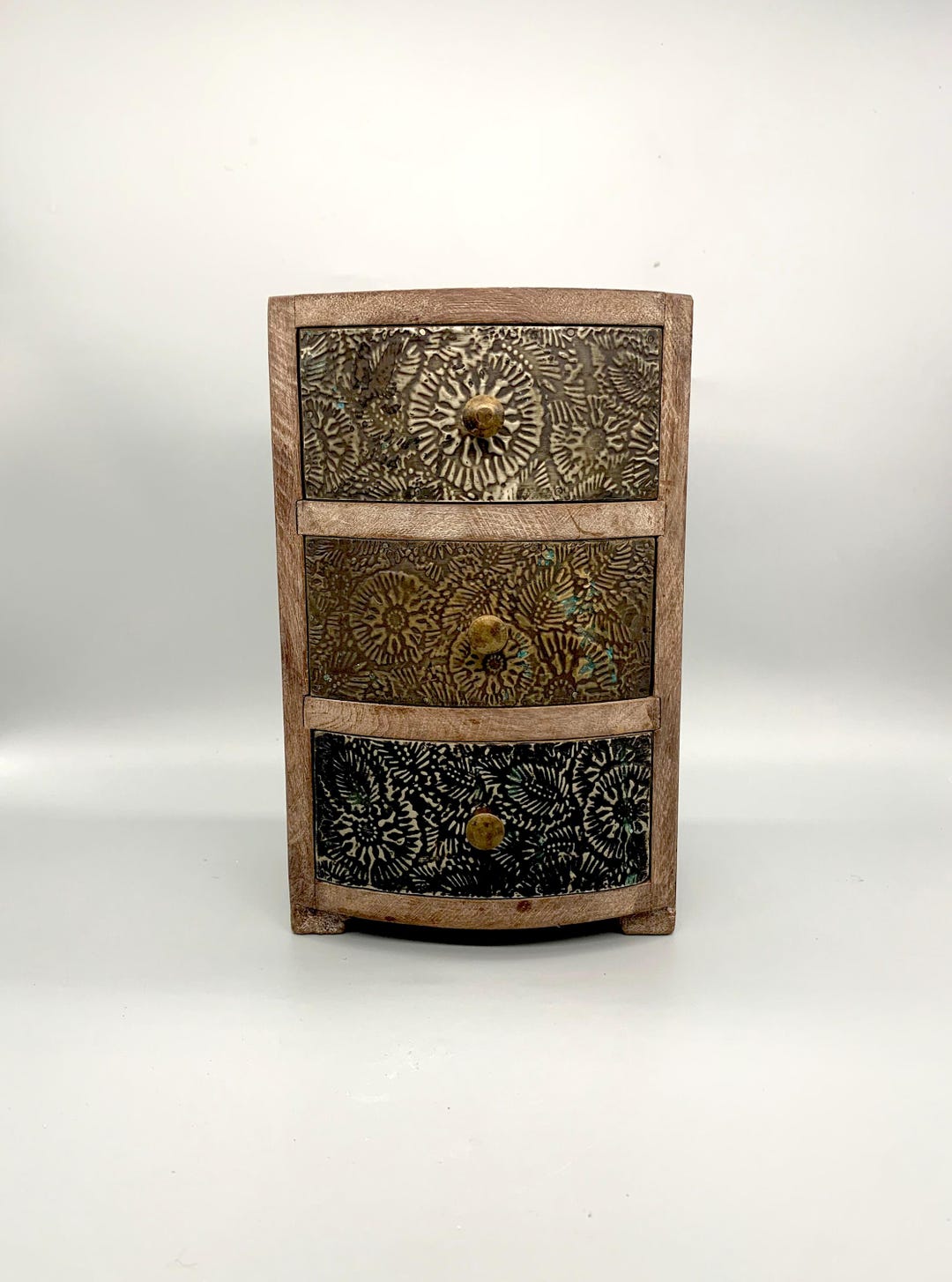 Wooden Miniature Drawers With Three Brass Fronted Embossed Drawers ...