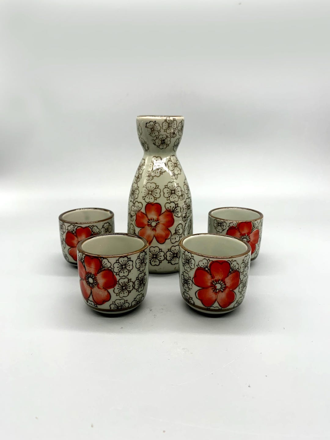 Japanese Sake Set Tokkuri With Four Choko Cups Vintage Japanese Pottery ...