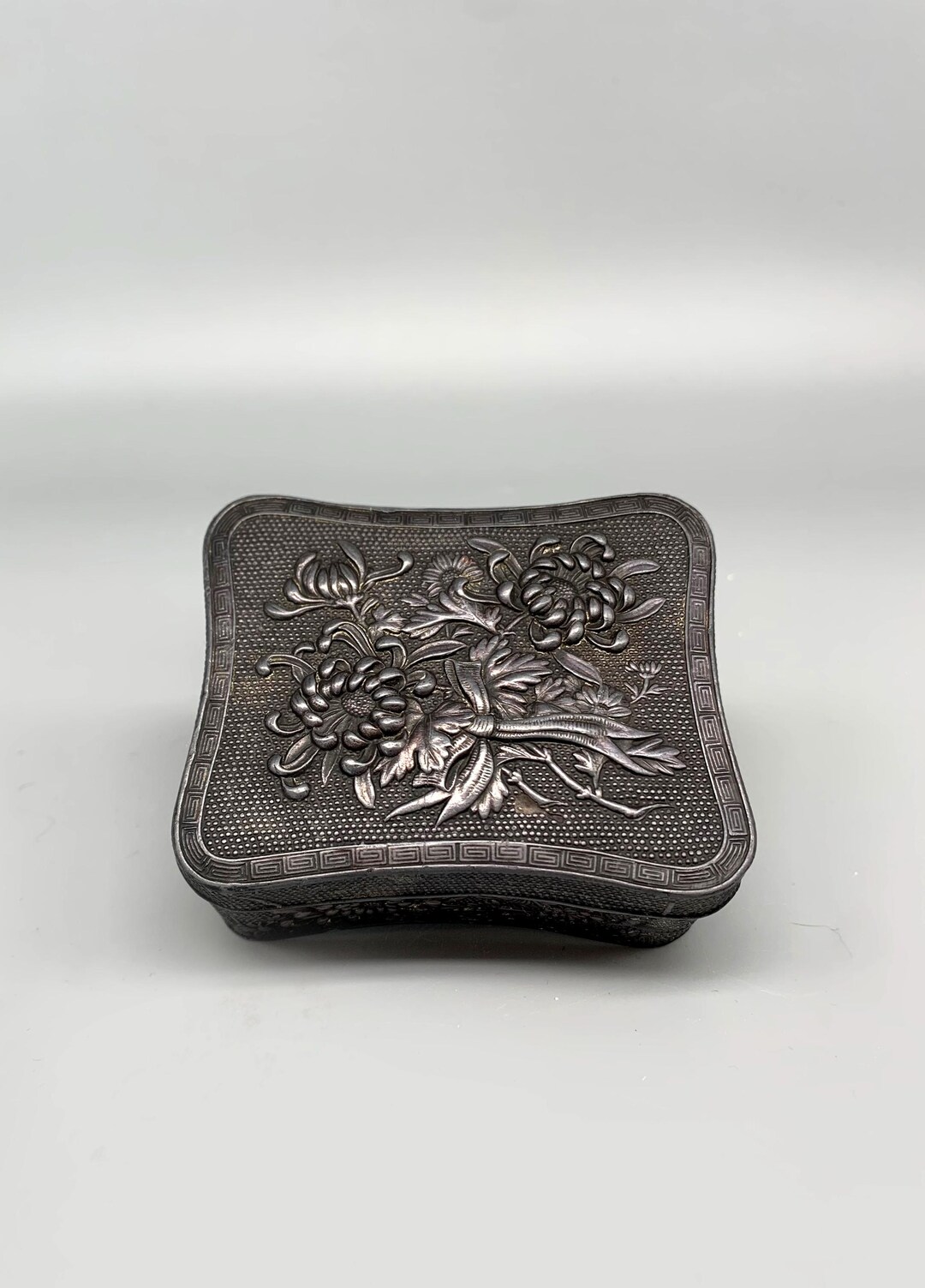 Antique Metal Japanese Trinket Box With Repousse Chrysanthemum Design ...