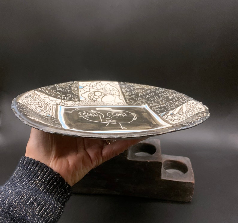 Abstract Sgraffito Art Pottery Plate/dish Signed Contemporary French ...