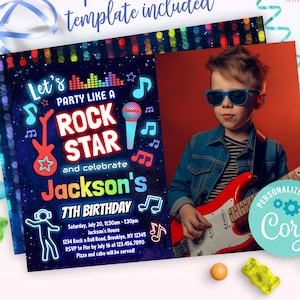 Rock N Roll Birthday Party Invitation for Boy | Rainbow Rock Star Theme ...