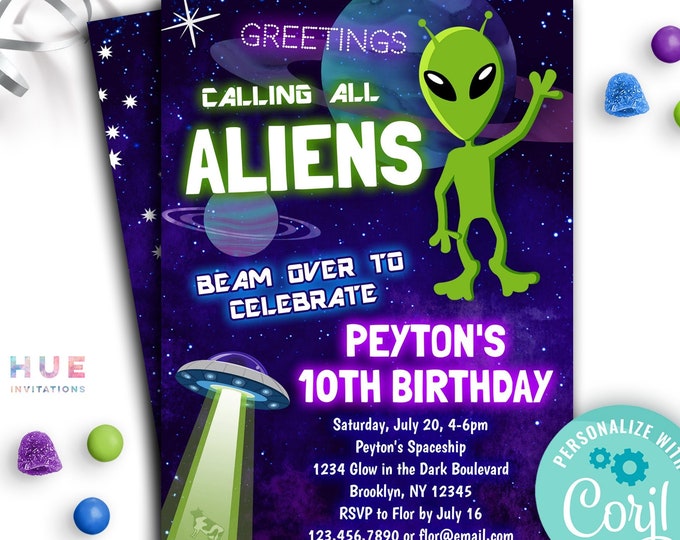 Alien Birthday Party Invitation UFO Birthday Invitation PRINTABLE Outer ...
