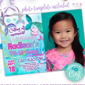 Editable Mermaid Birthday Party Invitation With a Photo Cute Mermaid ...