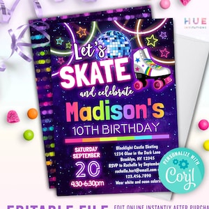 Roller Disco Party Birthday Invitation Editable Template | Rainbow Glow ...