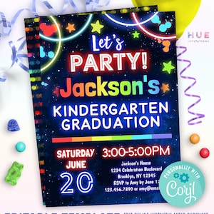 Kindergarten Graduation Invitation Editable Template | Rainbow Glow End ...